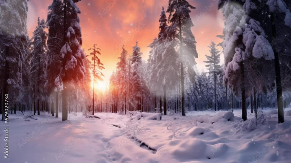 Winter snow forest at sunset with snowfall. Seamless looping video ...