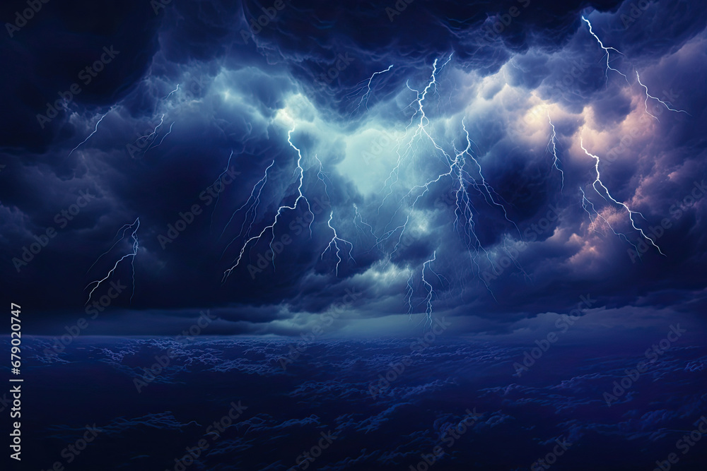 Azure night sky with stormy clouds and dramatic lighting Stock Photo ...