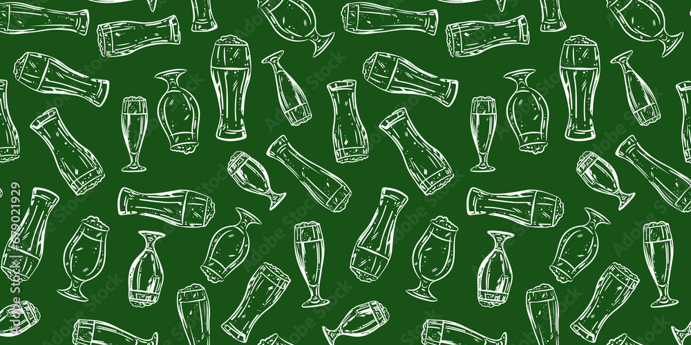 Pattern with beer, cider glasses in sketch style. Seamless background ...