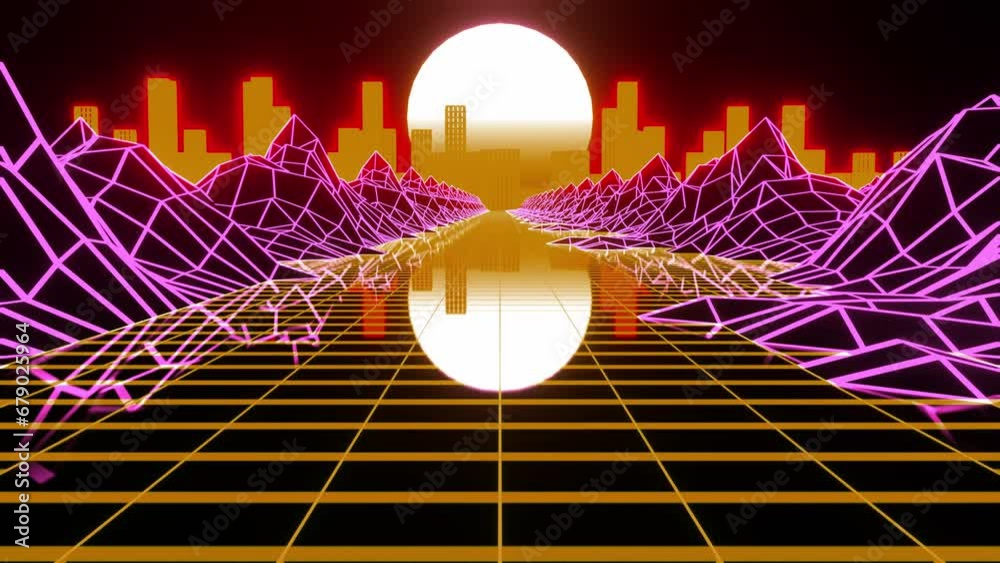 Seamless loop retro 1980s animation flying through the rocks to the sun ...