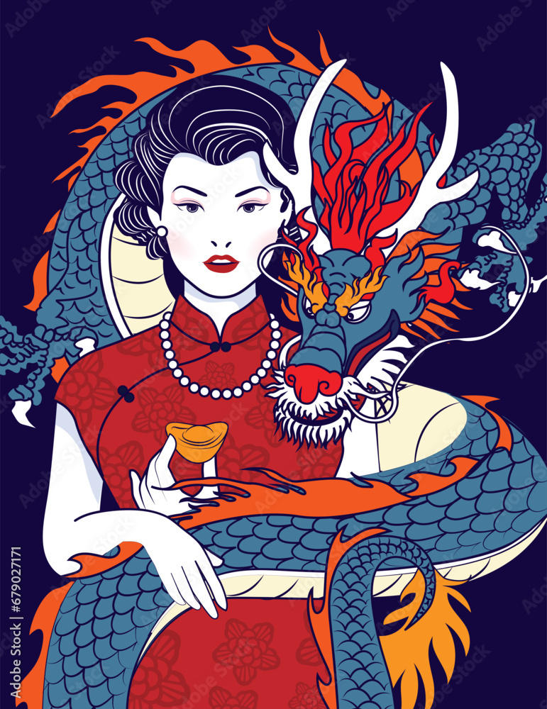 Vector of Chinese Woman in Chinese traditional dress with Dragon. Year ...