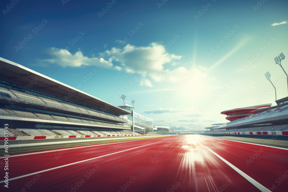 F1 race track circuit road with motion blur and grandstand stadium for ...