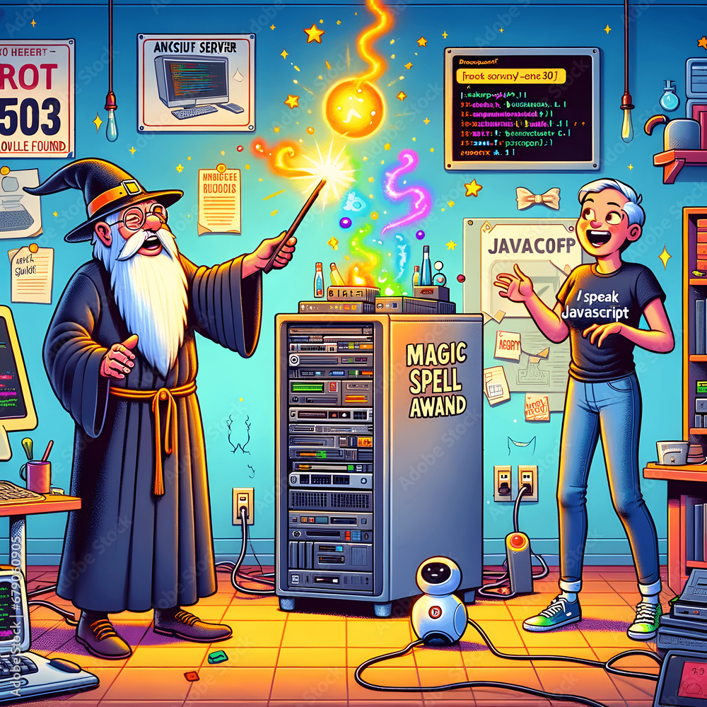Clipart depicting a humorous tech industry scene. An elderly white man ...