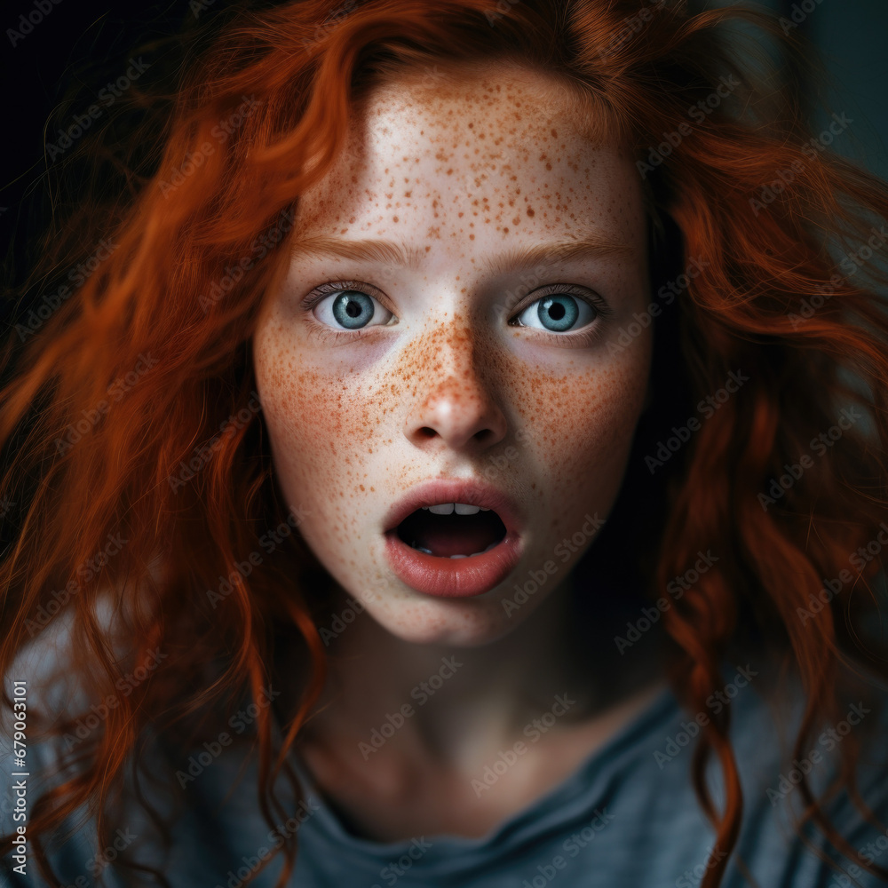 Redhead girl react omg shook, drop jaw speechless, stare impressed ...