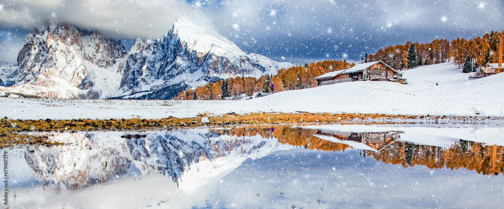 snowy early winter landscape in Alpe di Siusi. Dolomites Italy - winter ...
