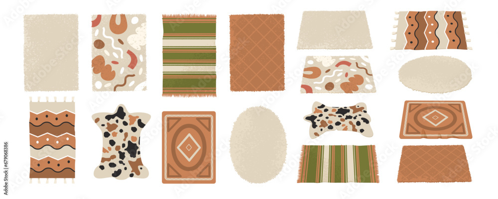 A set of 16 curpet of different shapes, textures and patterns. Top view ...