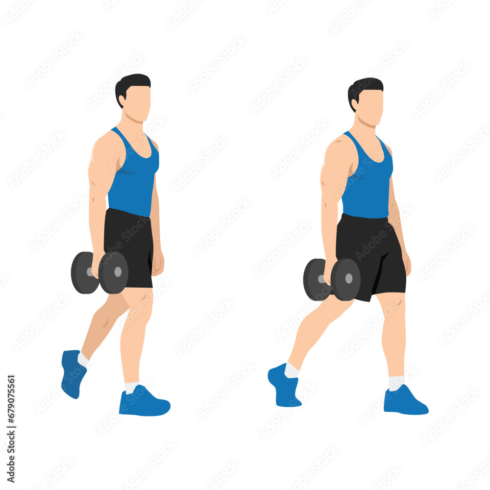 Man doing single or one arm dumbbell farmers walk or suitcase carry ...