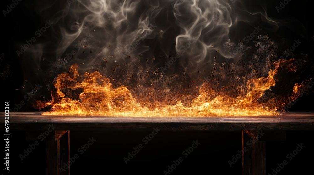 wooden table with Fire burning at the edge of the table, fire particles ...