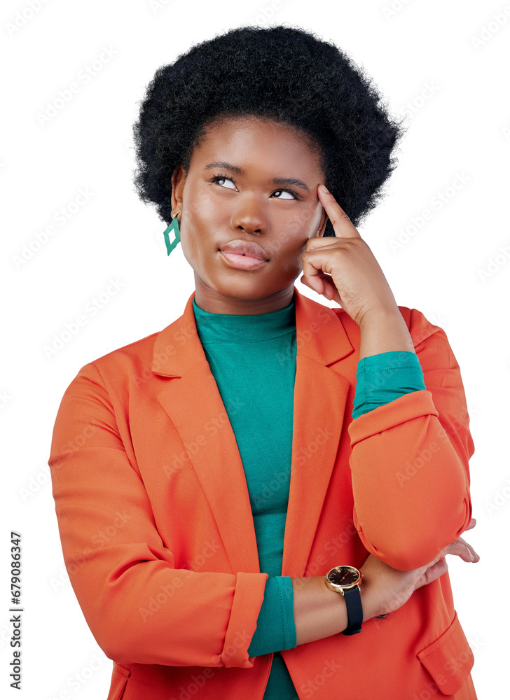 Thinking, confused and black woman with why, questions or how to on ...