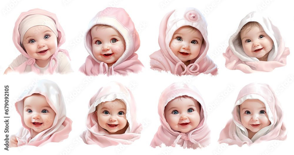 set of cute Baby Illustration, close up, isolated, transparent ...