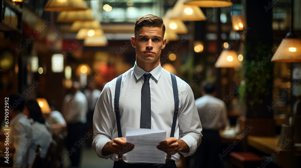 Candid photo from distance, a restaurant waiter is carrying note paper ...