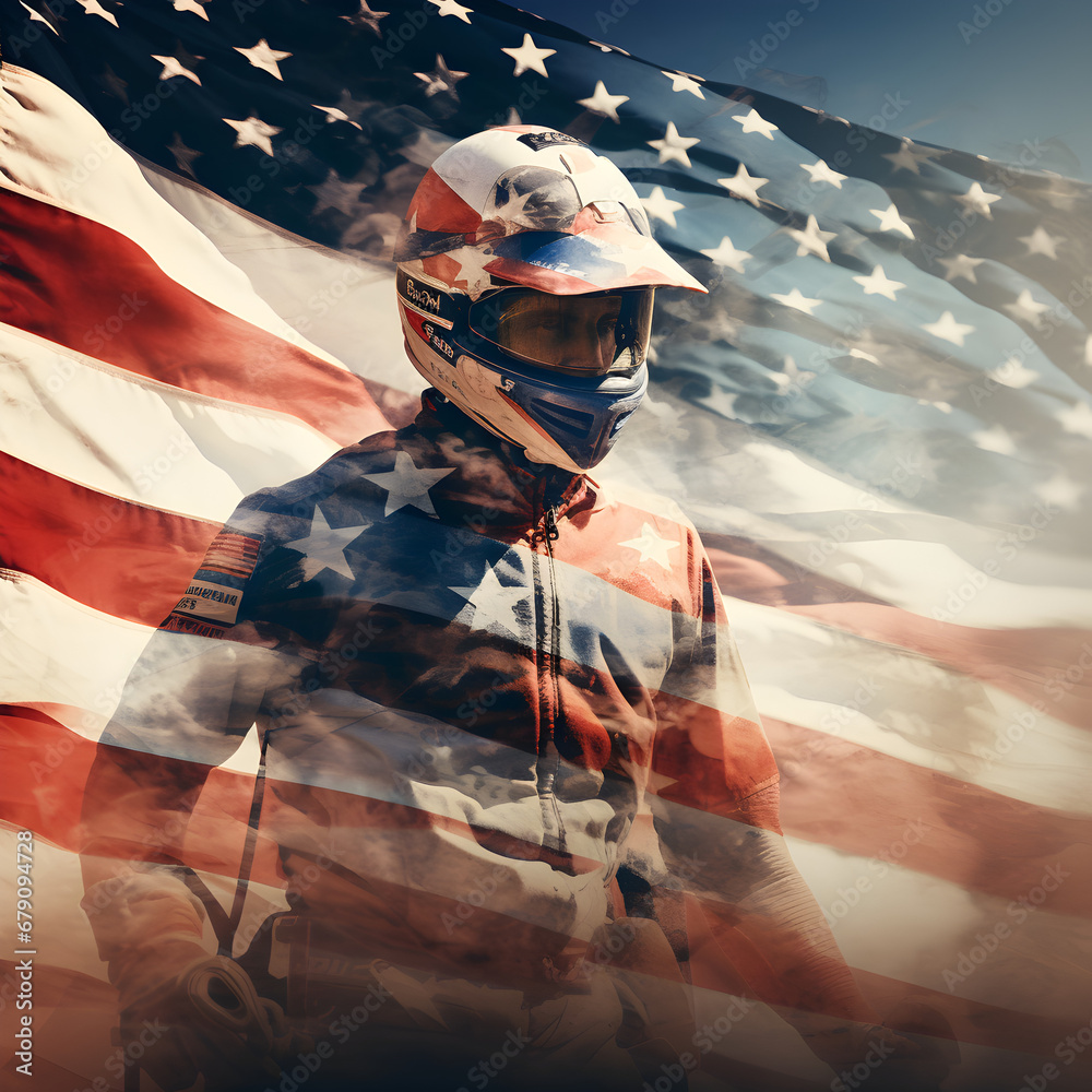 Race car driver with a double exposure American flag behind him. A ...