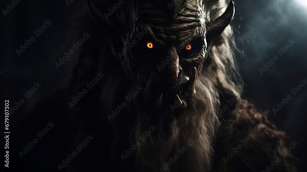 Fictional evil scary Krampus with horns and glowing eyes Stock Photo ...
