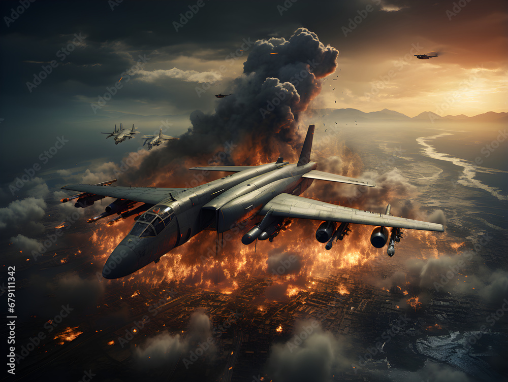 A mushroom cloud from an atomic bomb, depicting destroyed cities and a ...