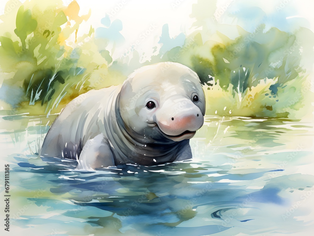 Whimsical Manatee: Cartoon-Like Watercolor Artwork Stock Illustration ...