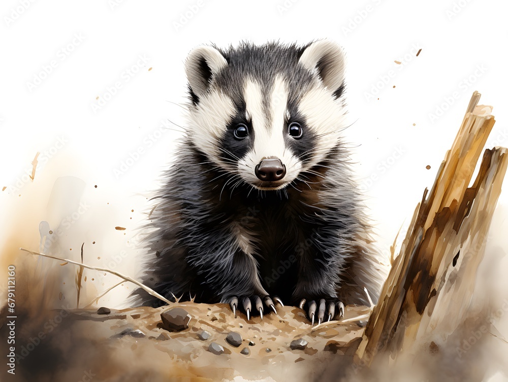 Cute Little Badger in Cartoon Style: Watercolor Print with Crosshatched ...