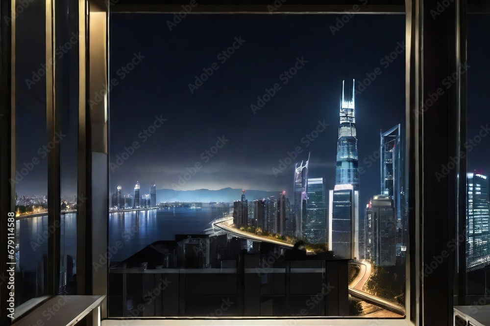 night time office space with row of working office table and work ...