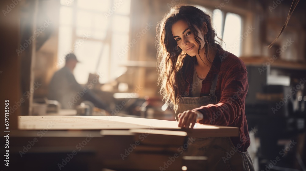 Beautiful young woman works in the DIY workshop of a furniture factory ...