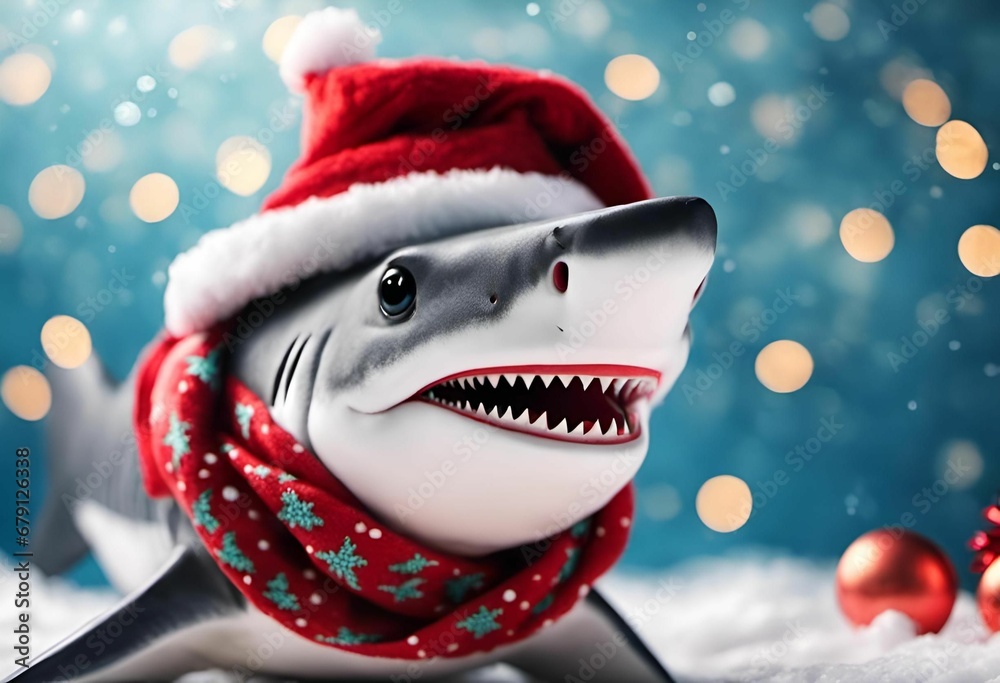AI generated illustration of a Great White Shark wearing a Santa Claus ...