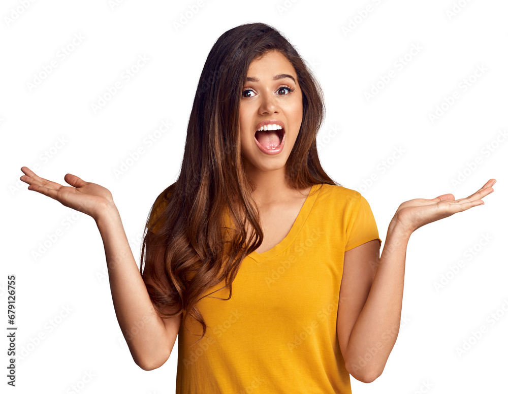 Portrait, happy woman and smile with presentation for option, offer or ...