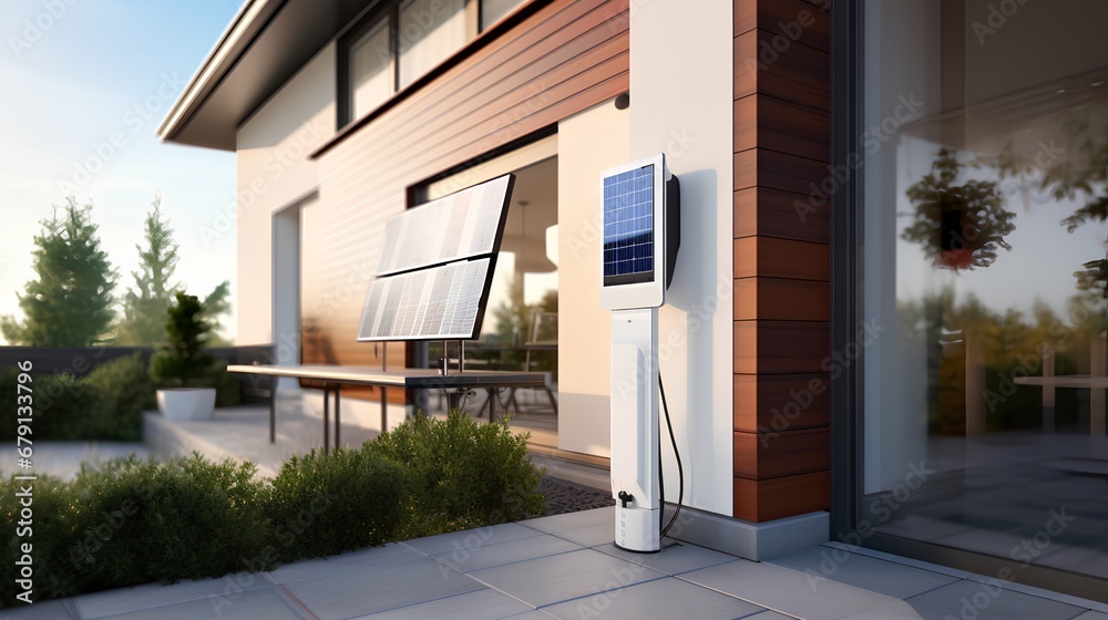A modern private electric vehicle (EV) charging station installed at a ...