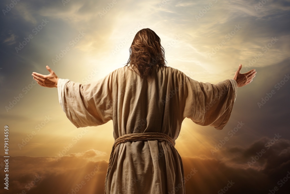 Rear View of Jesus Christ Praying with Raised Hands - Symbol of ...