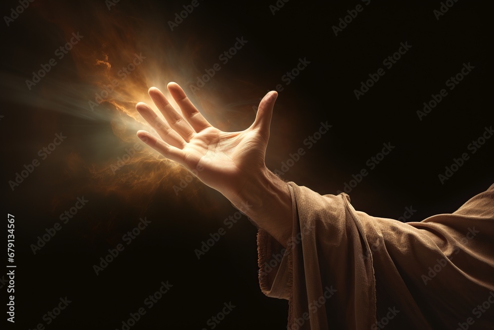 Symbolic Image of Jesus' Hand Reaching Out Against Darkness Stock Photo ...