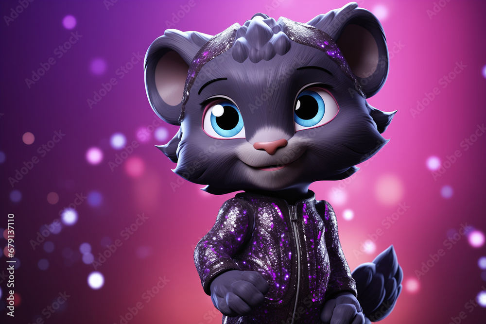 3D art illustration of cute black cat in glitter jacket, in pastel ...