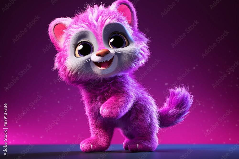 3D art illustration of cute pink fluffy cat in glitter jacket, in ...