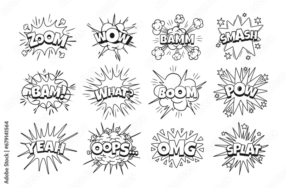 Cartoon sound speech bubble. Comic doodle explode text elements. Sketch ...