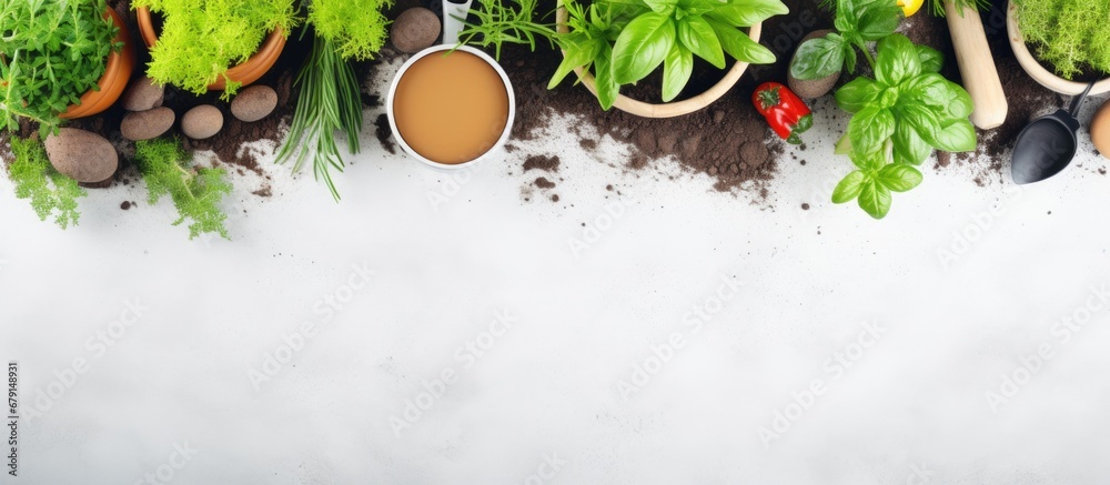 Home gardening with vegetable seedlings in pots and tools on a white ...