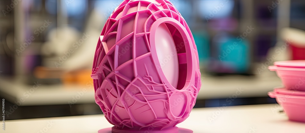 Front view of FDM 3D printed pink Easter egg sculpture with object ...