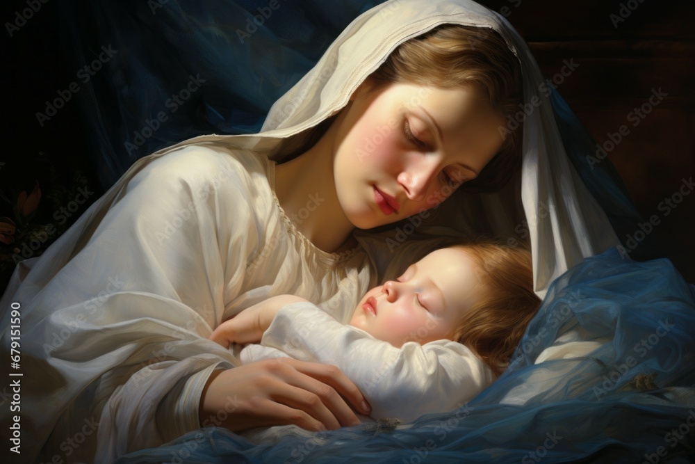 Virgin Mary with baby Jesus Christ. Religious concept with selective ...