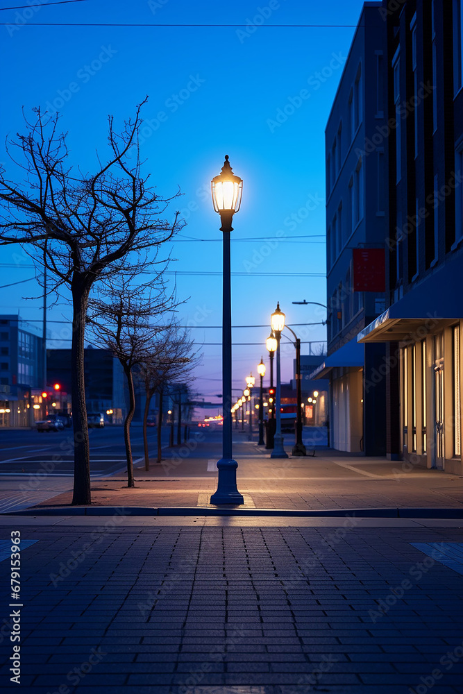 streetscape shot where blue streetlights cast long shadows, symbolizing ...