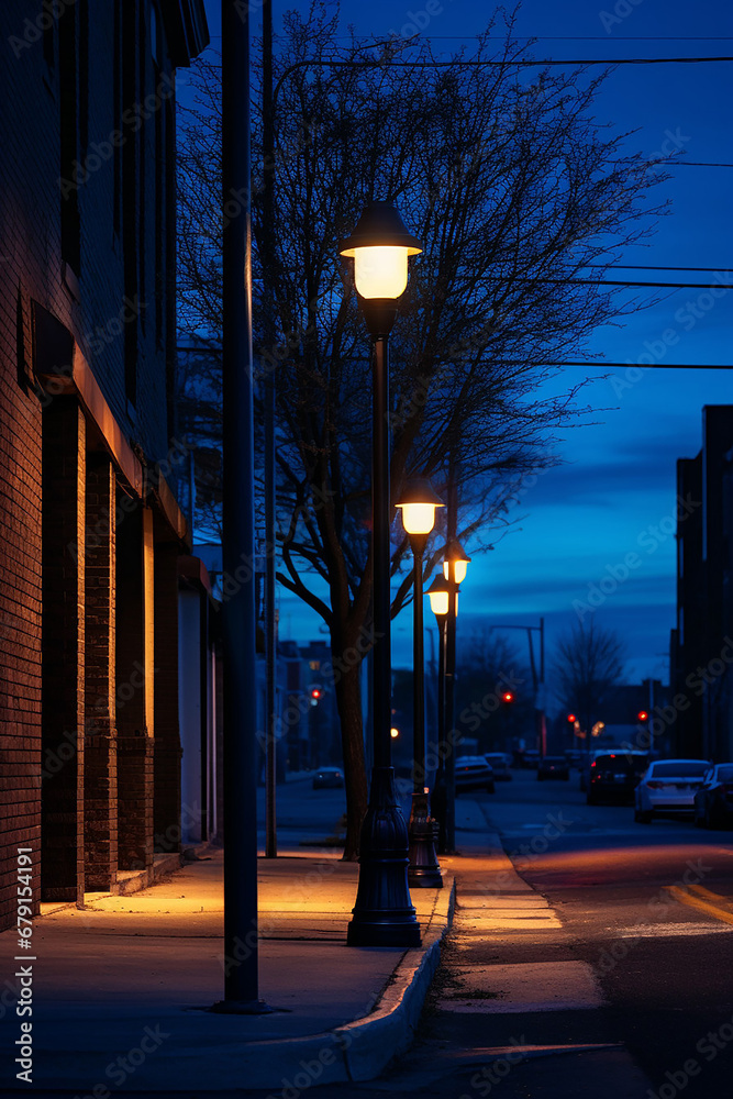 streetscape shot where blue streetlights cast long shadows, symbolizing ...