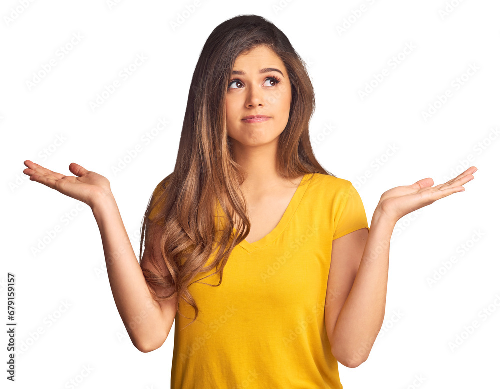 Woman, confused and shrug for decision, choice or option with hands for ...