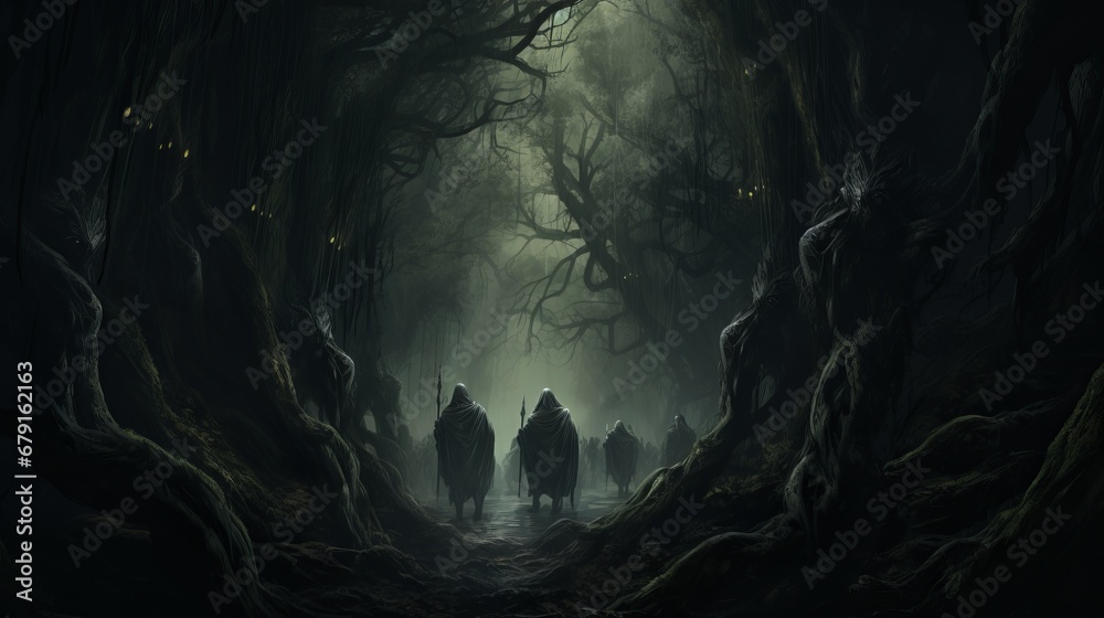 A perilous journey through a dark and twisted forest, where a group of ...