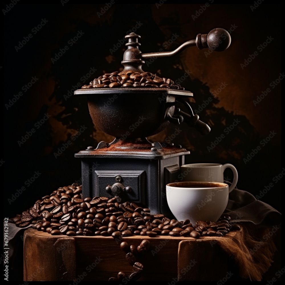 Fotografia con detalle y molinillo antiguo de café, con multitud de ...