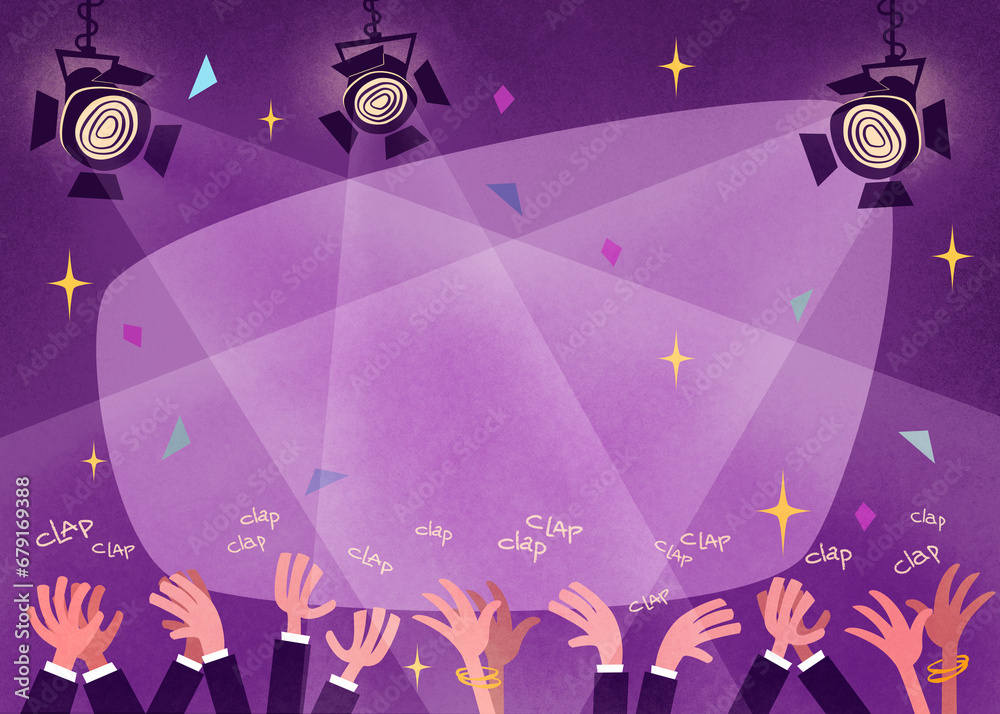 Colorful theater background with applauding hands and shining ...