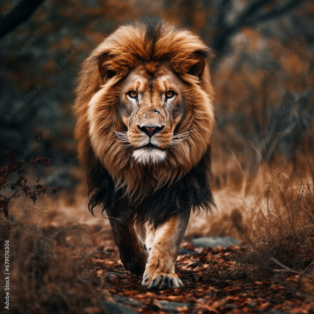 Fotografia con detalle de imponente leon caminando entre zona natural ...