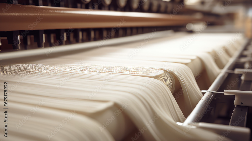 Fabric production, weaving factory, sewing automation, white fabric and ...