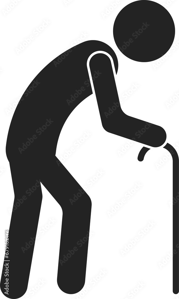 Isolated pictogram a hunchbacked old man walks using a cane, for ...