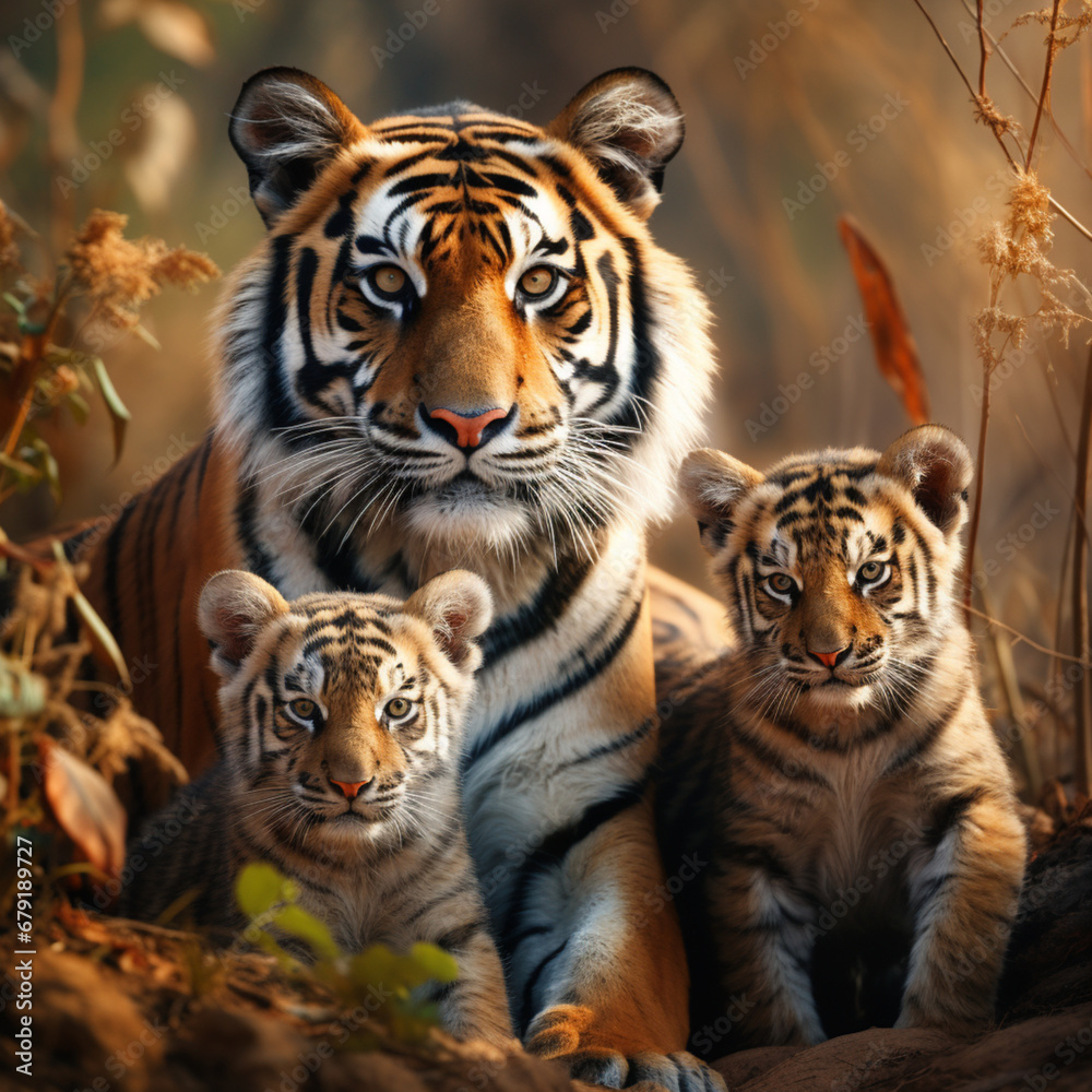 Fotografia con detalle de tigresa con sus crias, en su entorno natural ...