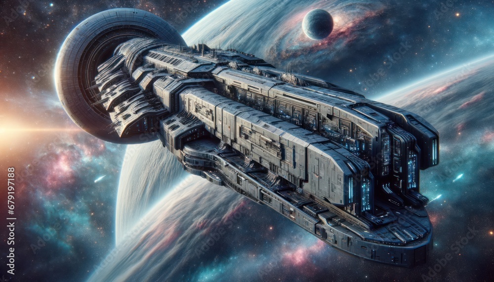 An immense spacecraft drifts through a star-filled space, combining ...