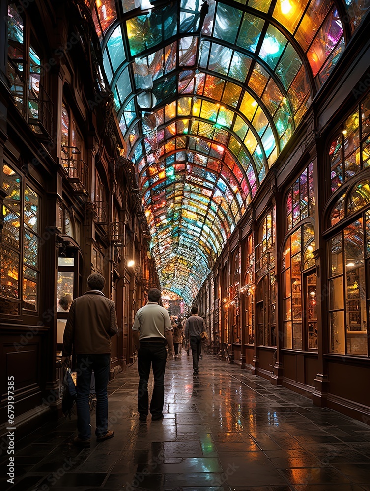 Imposing vintage gallery with a stained glass roof and businesses with ...