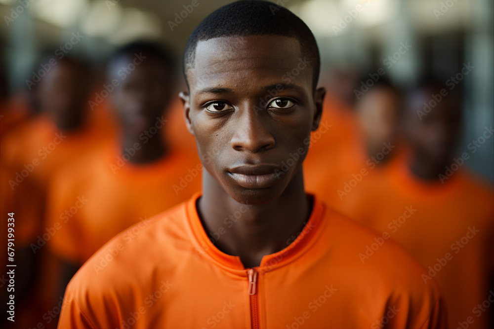 Generative AI portrait of criminal person trapped jailed wearing orange ...