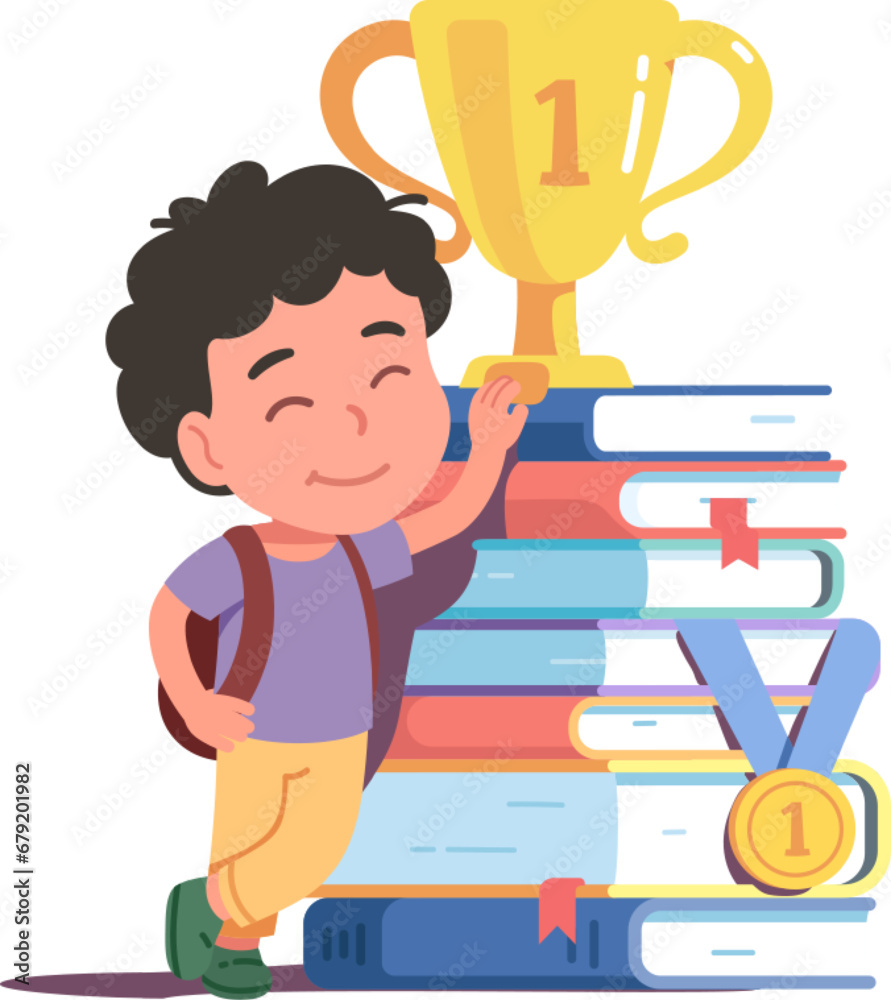 Genius boy kid standing next to big stack of books amd textbooks he ...