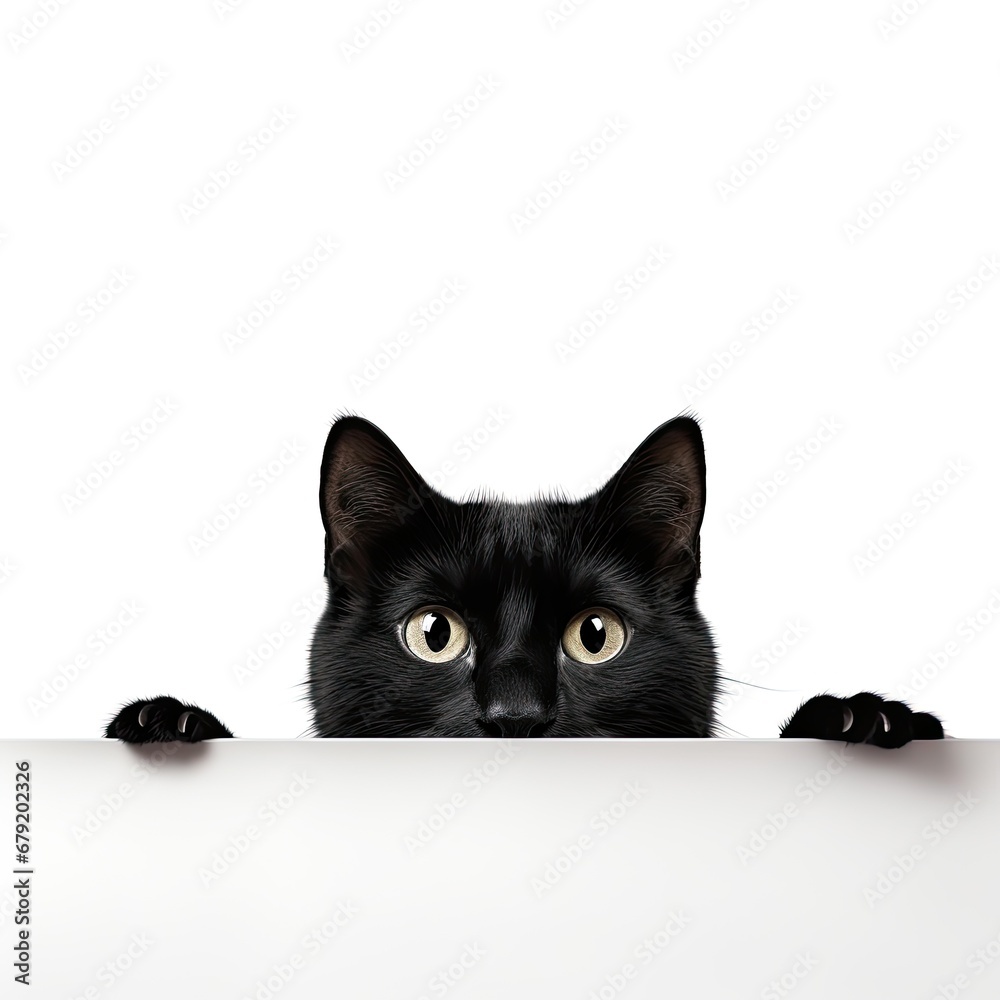 Black Cat Peeking Over a Wall isolated on white background Stock ...