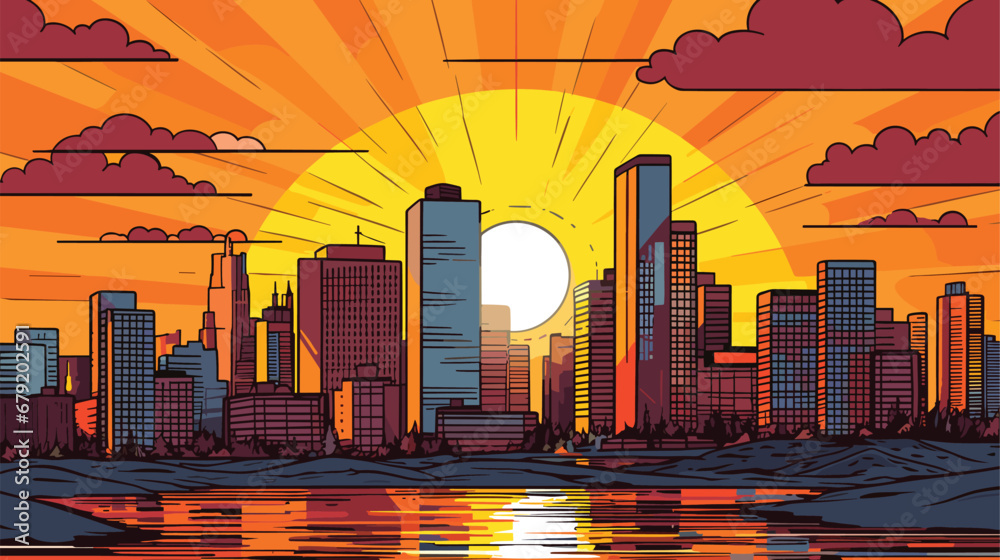 Sunrise sunset behind modern city buildings. Vector cartoon ...