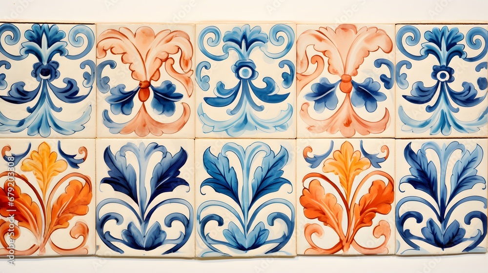 Artistic pattern on tiles made using the majolica technique drawn by ...